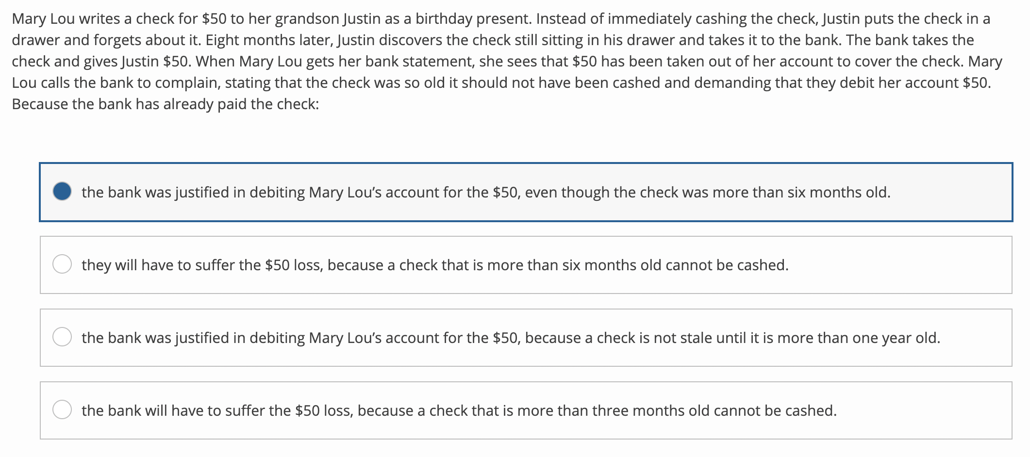 [Solved]: Mary Lou writes a check for $50 to her grandson