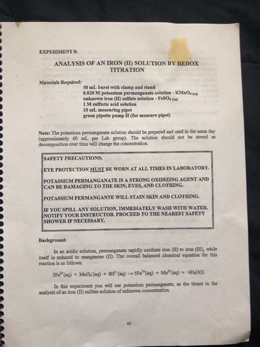 Solved EXPERIMENT 8: ANALYSIS OF AN IRON (II) SOLUTION BY | Chegg.com