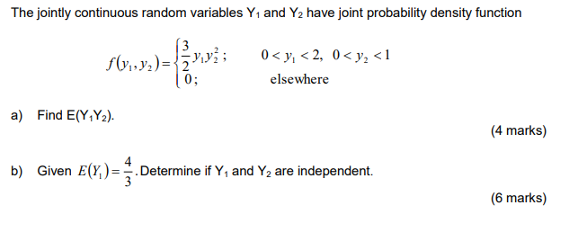 Solved The jointly continuous random variables Y1 and Y2 | Chegg.com