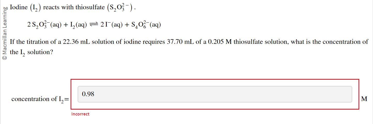Solved Iodine (I2) reacts with thiosulfate (S2O32−). 2 | Chegg.com