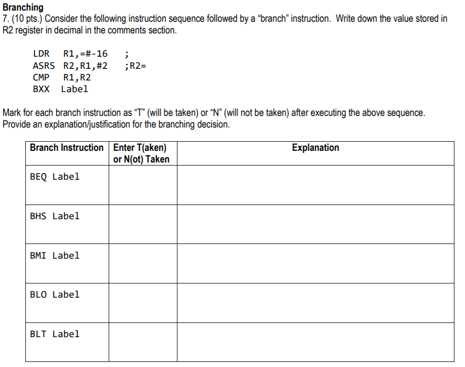 Solved Branching 7. (10 pts.) Consider the following | Chegg.com