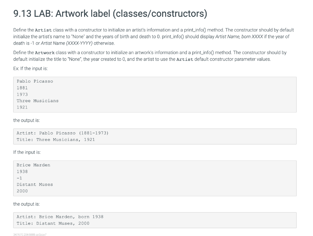 Solved 9 13 Lab Artwork Label Classes Constructors Define