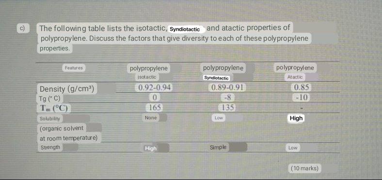 c) The following table lists the isotactic, | Chegg.com