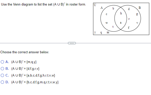 Solved Use the Venn diagram to list the set (A∪B)′ in roster | Chegg.com