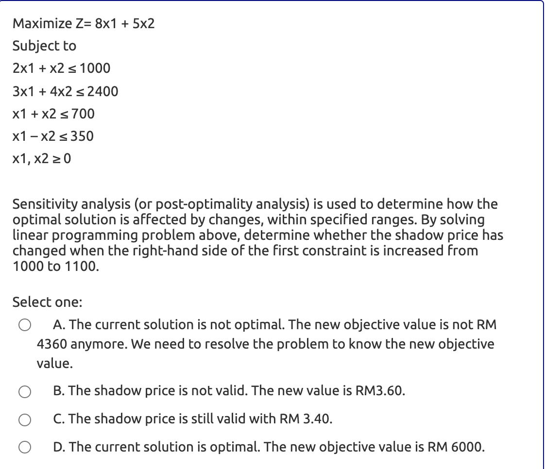 Solved Maximize Z= 8x1 + 5x2 Subject to 2x1 + x2 s 1000 3x1 | Chegg.com