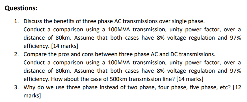 Solved Questions: 1. Discuss the benefits of three phase AC | Chegg.com