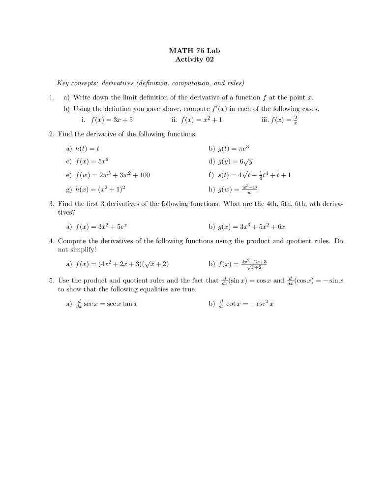 Solved MATH 75 Lab Activity 02 Key concepts: derivatives | Chegg.com