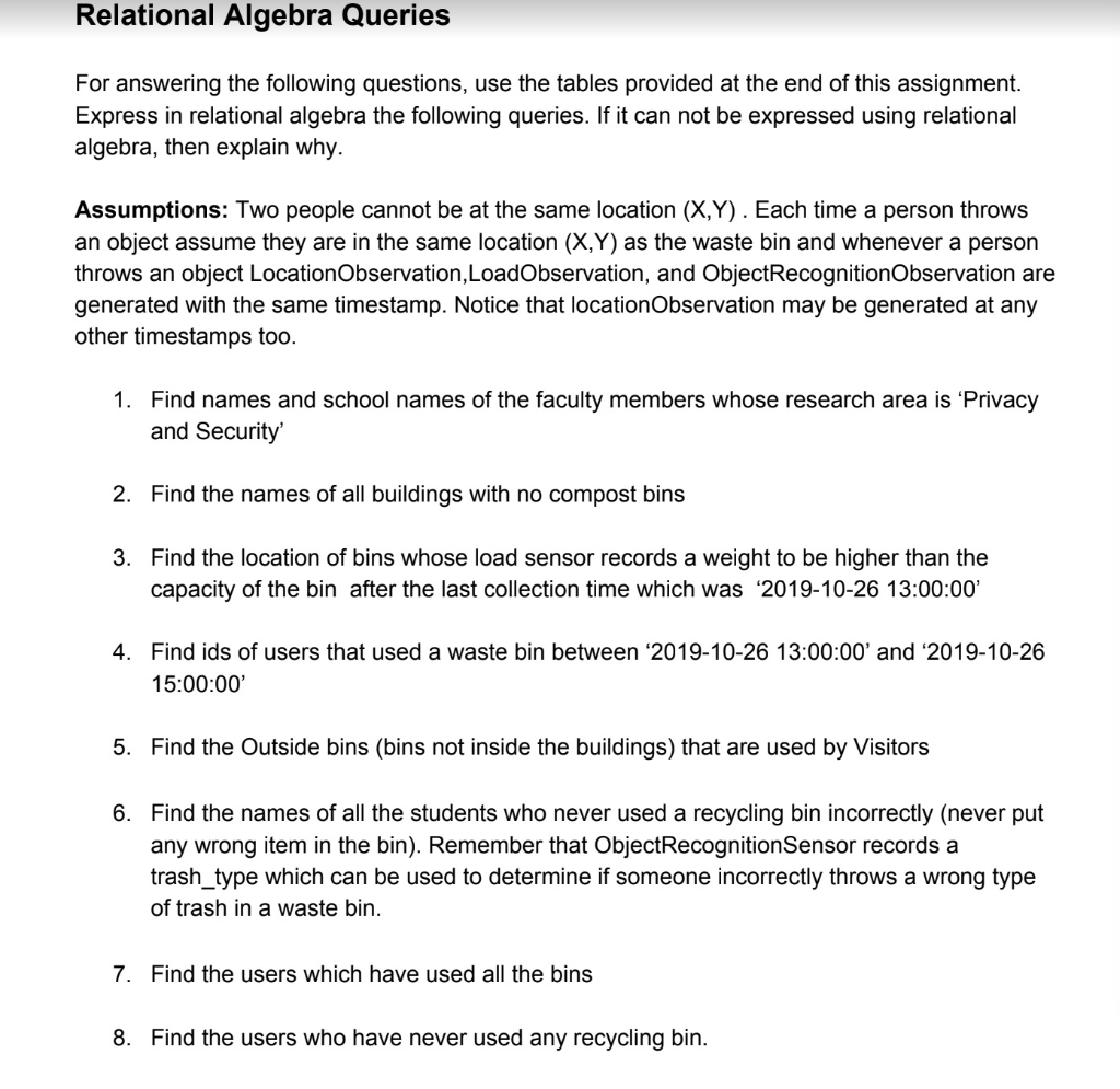 Relational Algebra Queries For answering the | Chegg.com
