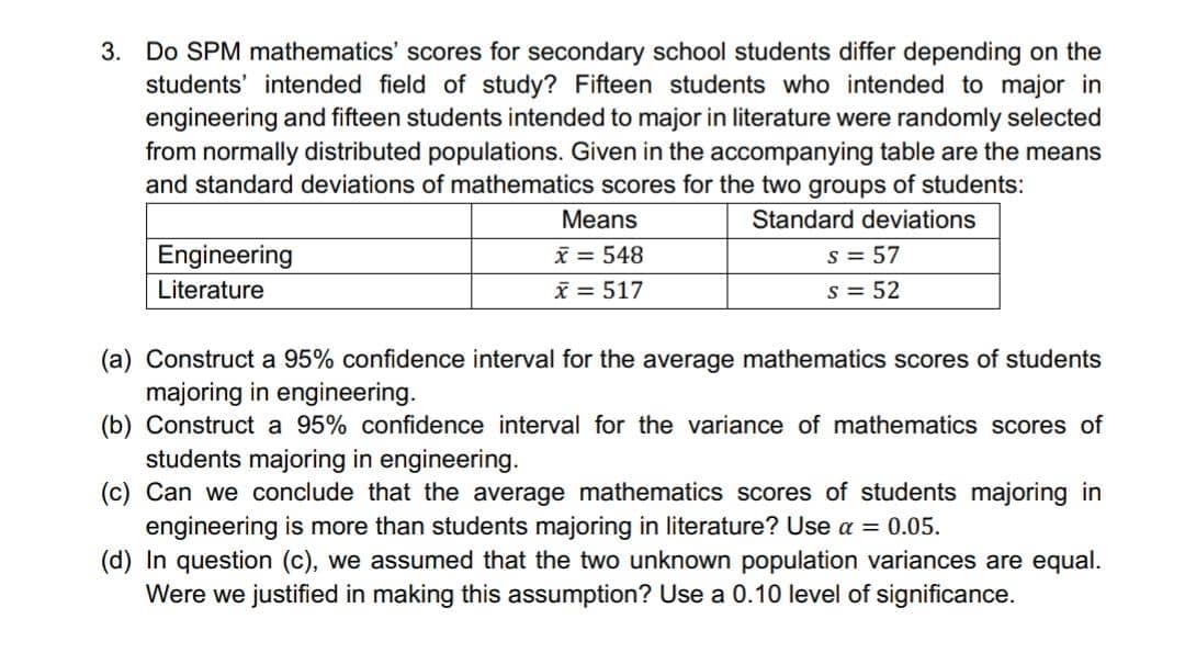 Solved 3. Do SPM mathematics' scores for secondary school | Chegg.com