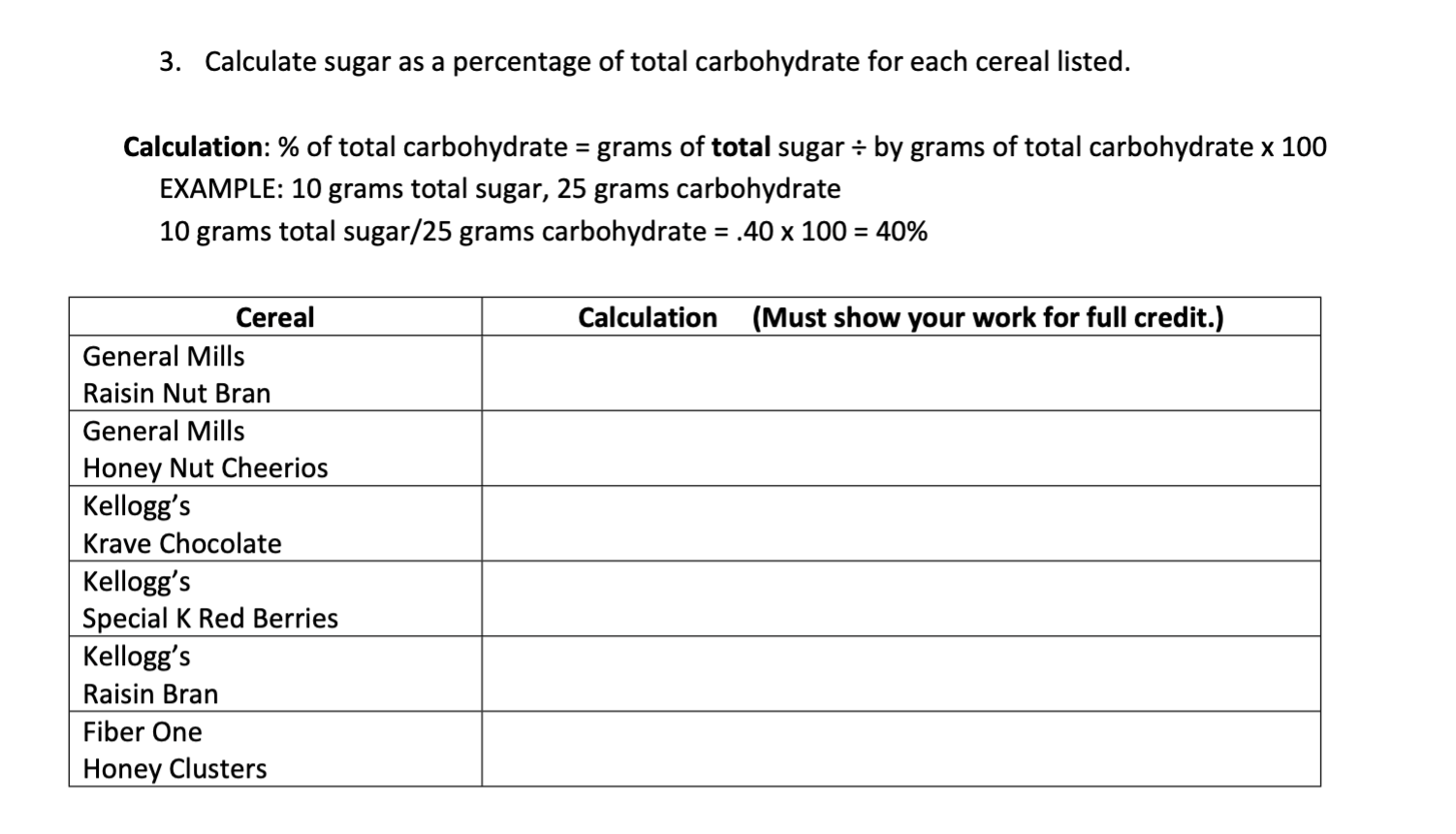 Solved 3. Calculate sugar as a percentage of total | Chegg.com