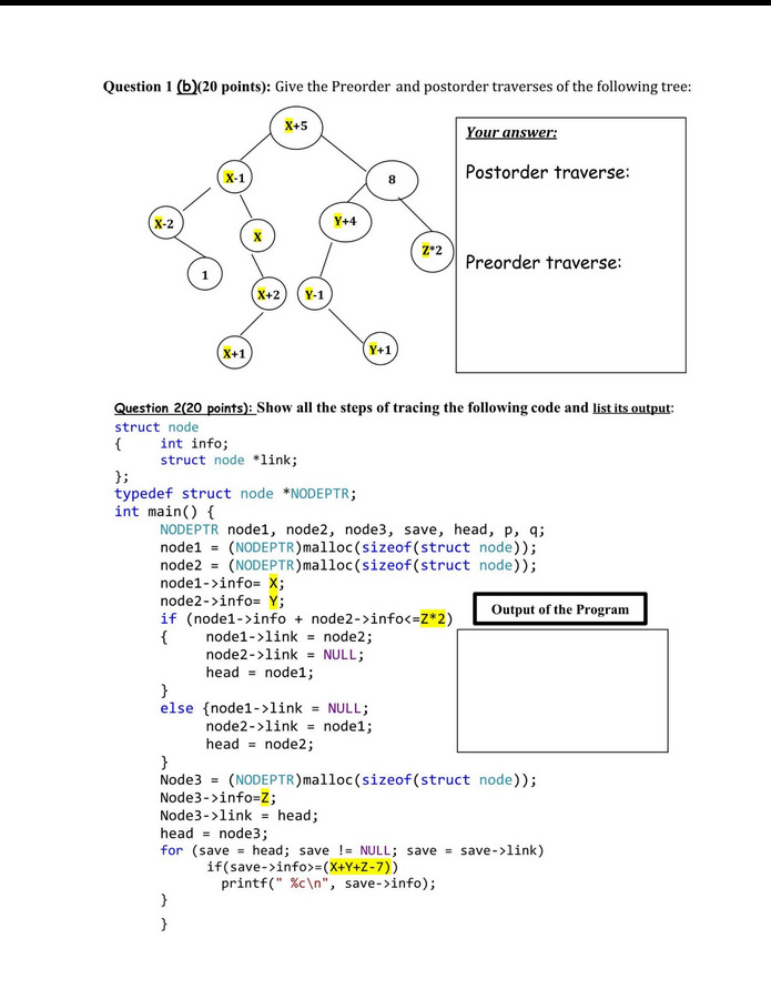 Solved Question 1 (b) (20 points): Give the Preorder and | Chegg.com