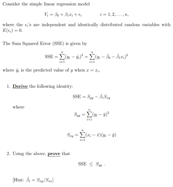 Solved Consider The Simple Linear Regression Modelyi β0 