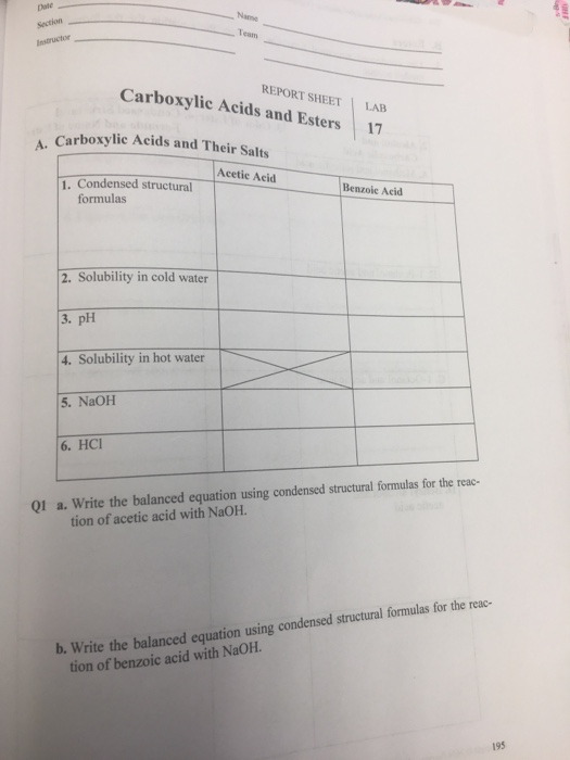 Solved Name Team Section REPORT SHEET LAB Carboxylic Acids | Chegg.com