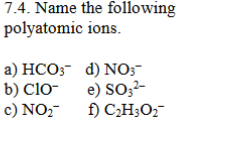 Solved 7.4. Name the following polyatomic ions. a) HCO3- d) | Chegg.com