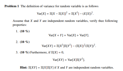 Solved Problem 1 The definition of variance for random | Chegg.com