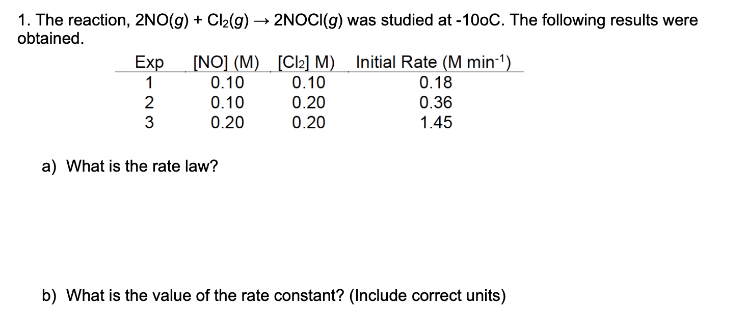 Solved 1. The reaction, 2NO(g) + Cl2(g) 2NOCI(g) was studied | Chegg.com