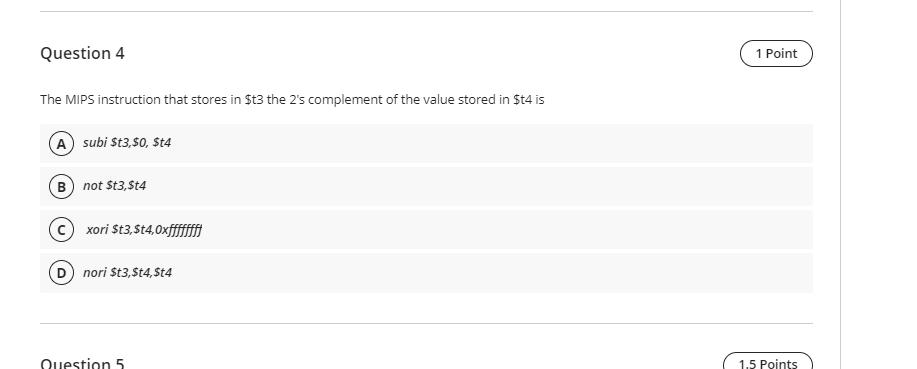 Solved Question 4 1 Point The MIPS instruction that stores | Chegg.com