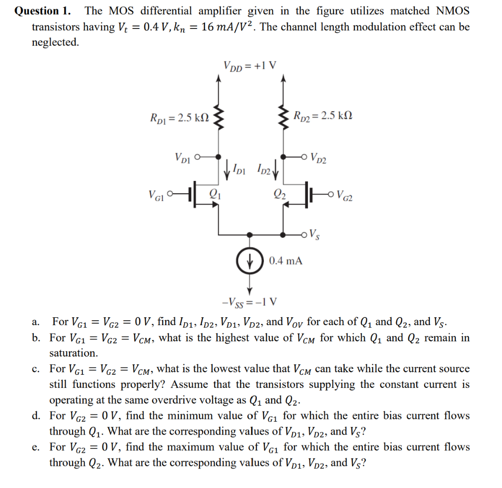 Solved Question 1. The MOS differential amplifier given in | Chegg.com