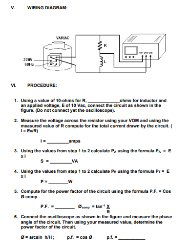 Solved V. WIRING DIAGRAM: VARIAC R 220V Бона VI. PROCEDURE: | Chegg.com