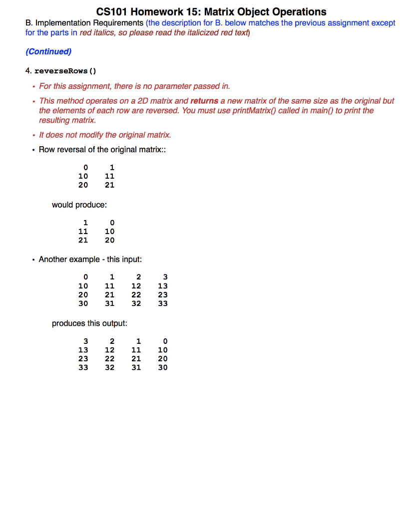 CS101 Homework 15: Matrix Object Operations In this | Chegg.com