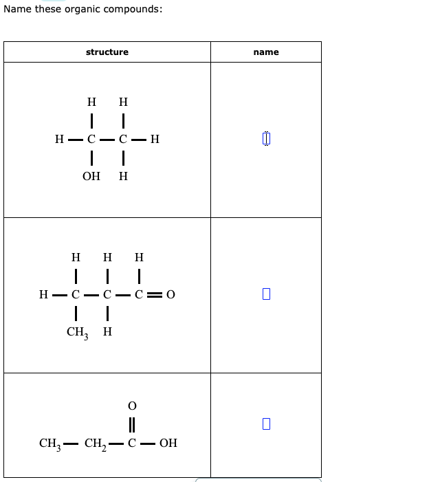 Solved Name these organic compounds: structure name - Η Η I | Chegg.com
