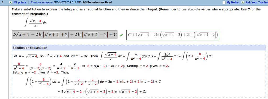 Solved 6. 1/1 points | Previous Answers SCalcET8 7.4.514.XP | Chegg.com