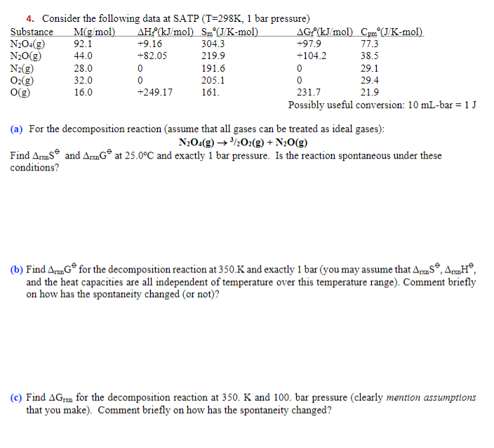 Solved 4. Consider the following data at SATP (T=298K, 1 bar | Chegg.com