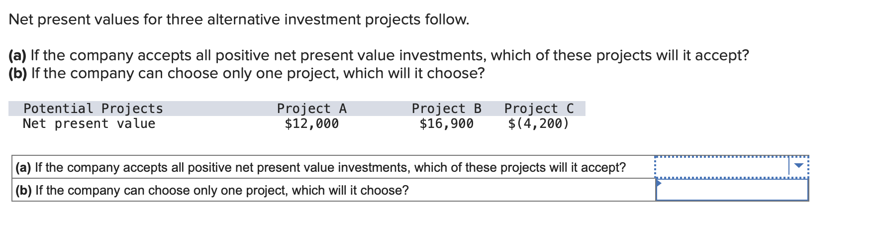 Solved Net present values for three alternative investment | Chegg.com