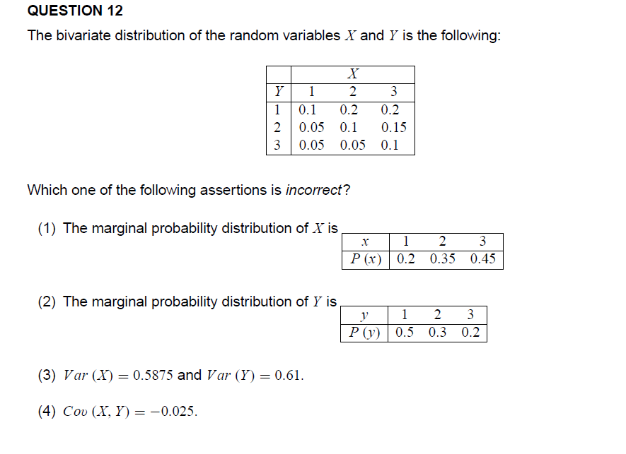 Solved QUESTION 12 The bivariate distribution of the random | Chegg.com