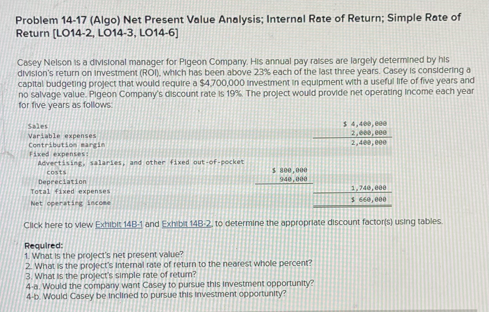 Solved Problem 14-17 (Algo) ﻿Net Present Value Analysis; | Chegg.com
