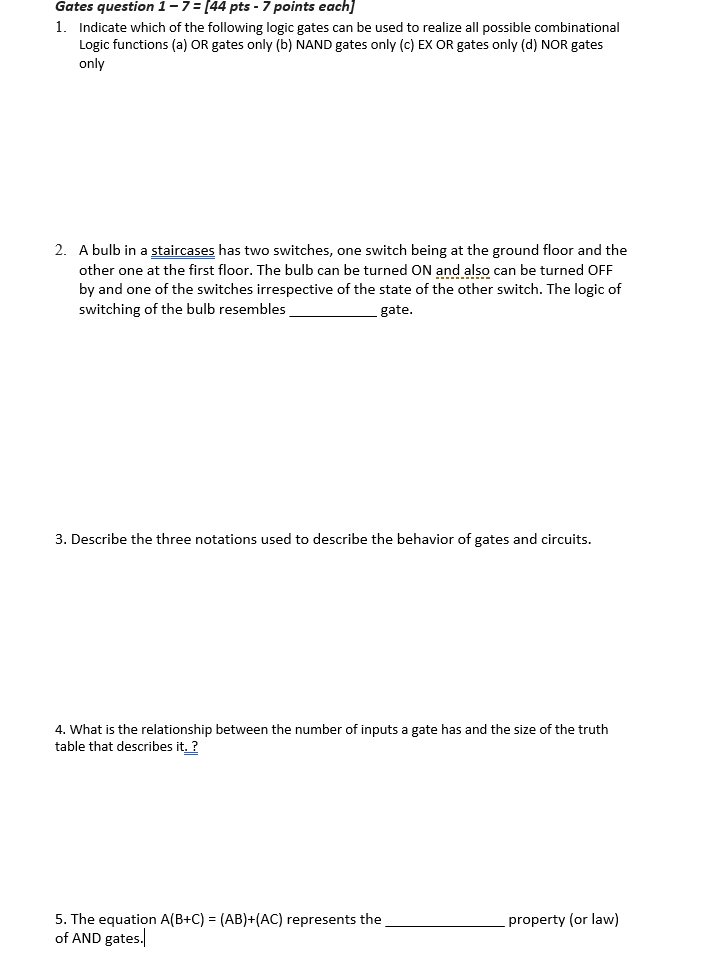 Solved Gates question 1 - 7 = [44 pts - 7 points each] 1 | Chegg.com