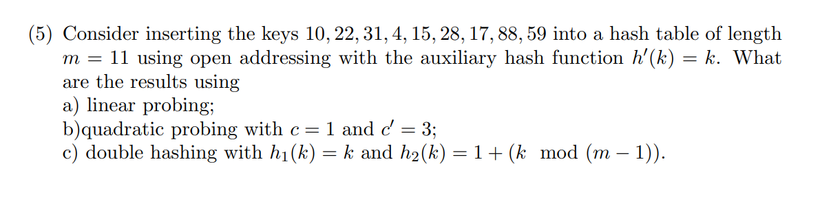 Solved (5) Consider inserting the keys 10, 22, 31, 4, 15, | Chegg.com