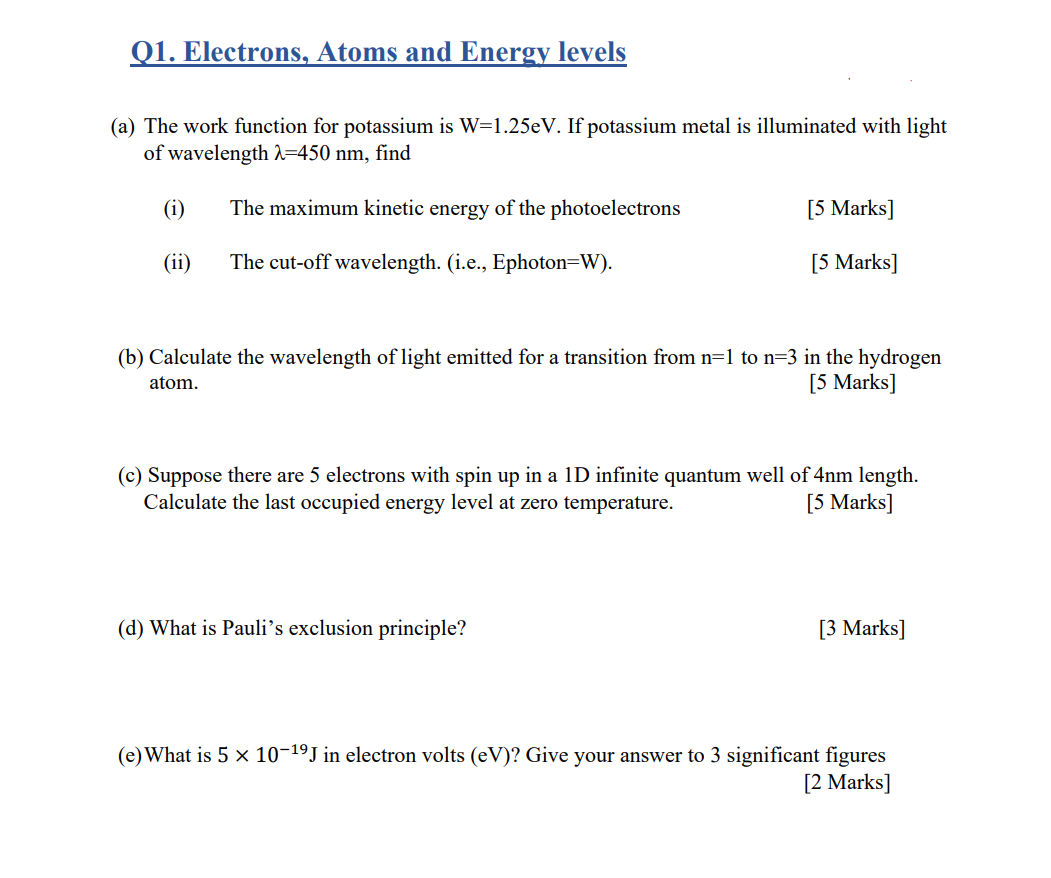Solved Q1. Electrons, Atoms and Energy levels (a) The work | Chegg.com