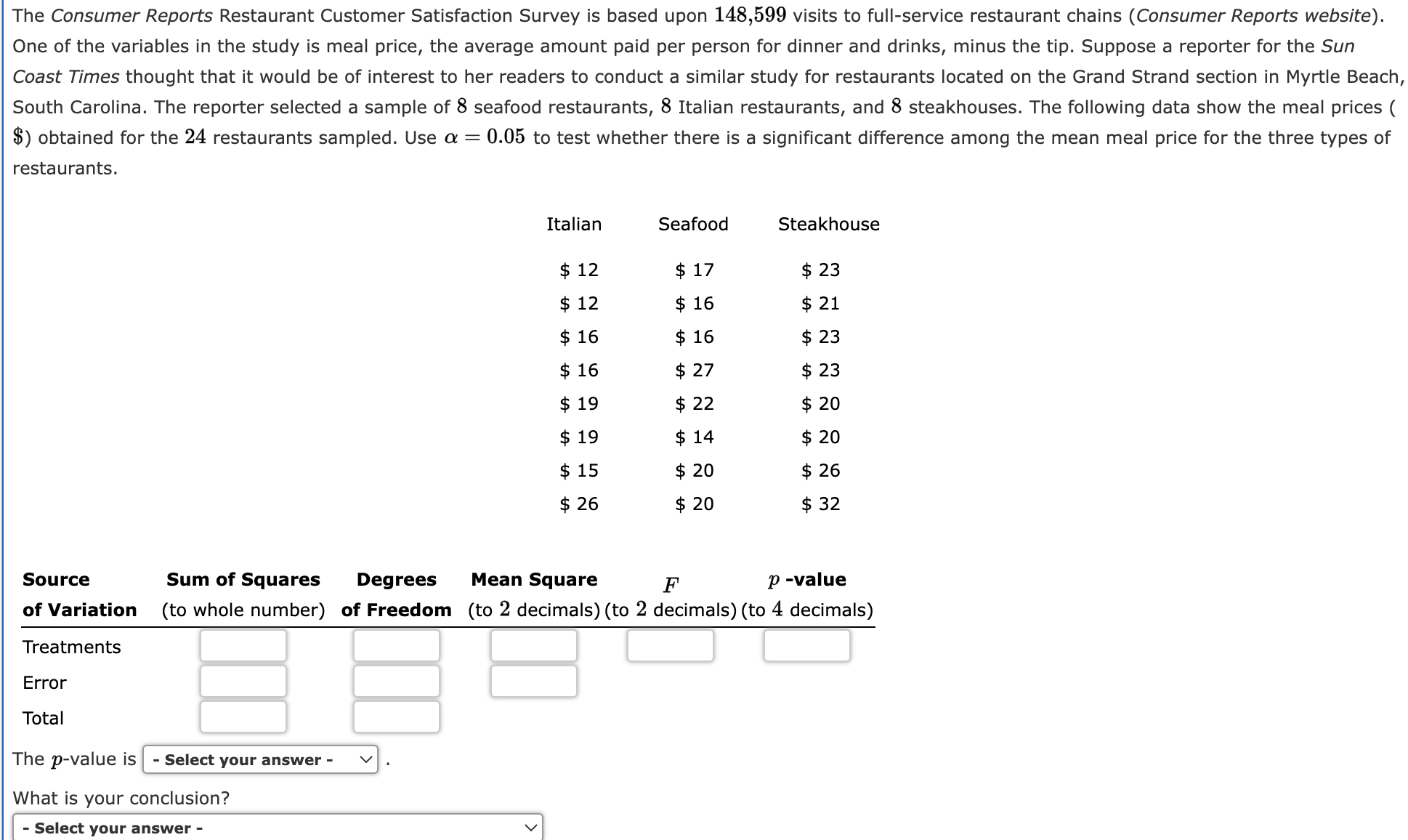 Solved The Consumer Reports Restaurant Customer Satisfaction | Chegg.com