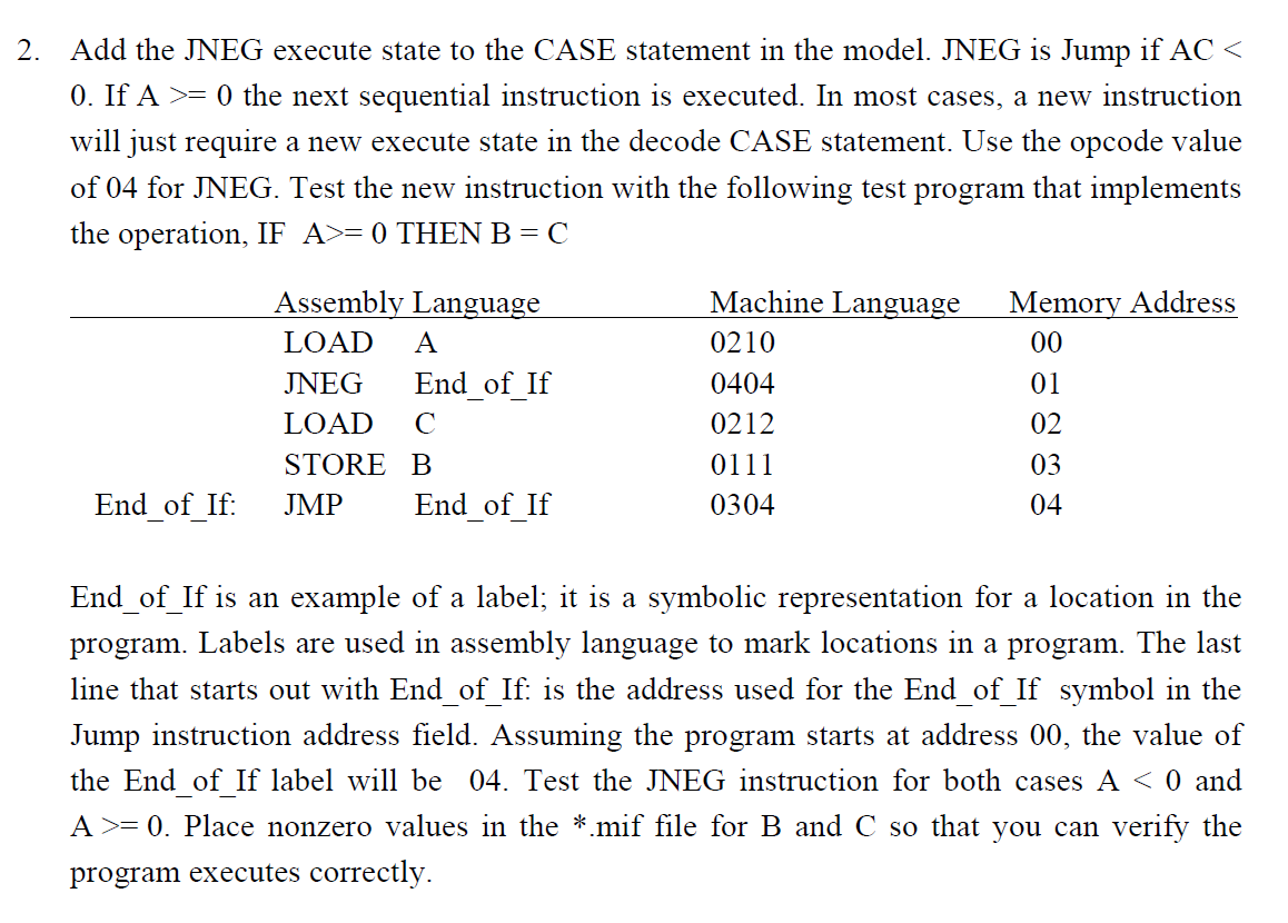 Add the JNEG execute state to the CASE statement in | Chegg.com