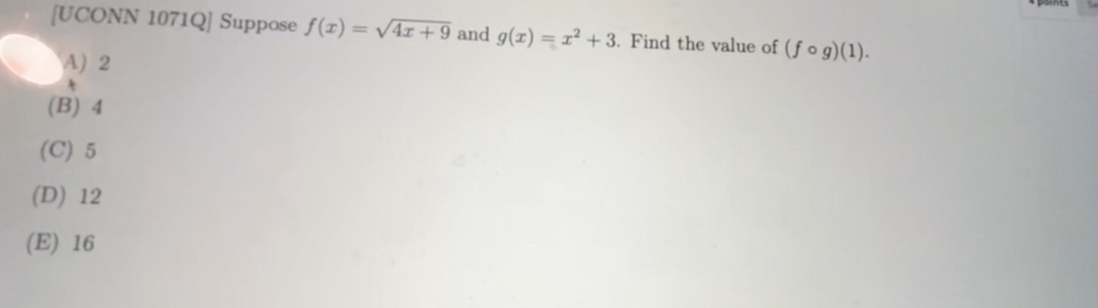 Solved [UCONN 1071Q] ﻿Suppose f(x)=4x+92 ﻿and g(x)=x2+3. | Chegg.com