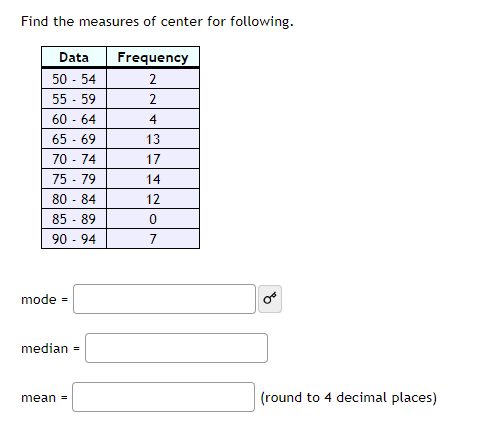 Solved Find the measures of center for following. | Chegg.com