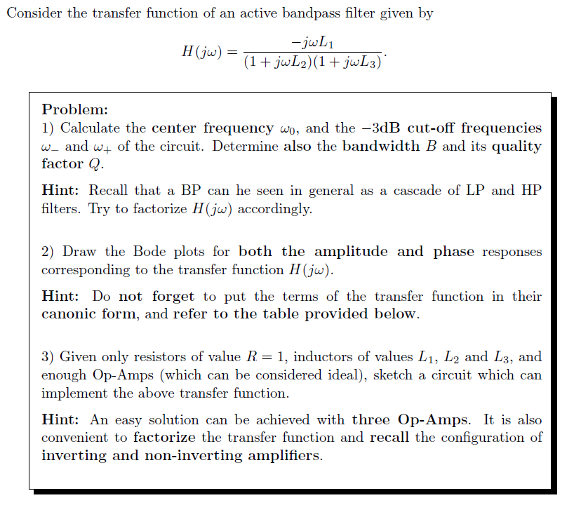 Solved Consider the transfer function of an active bandpass | Chegg.com