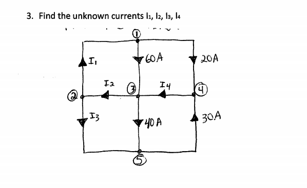 Solved 3. Find the unknown currents 11, 12, 13, 14 I 60A 20A | Chegg.com