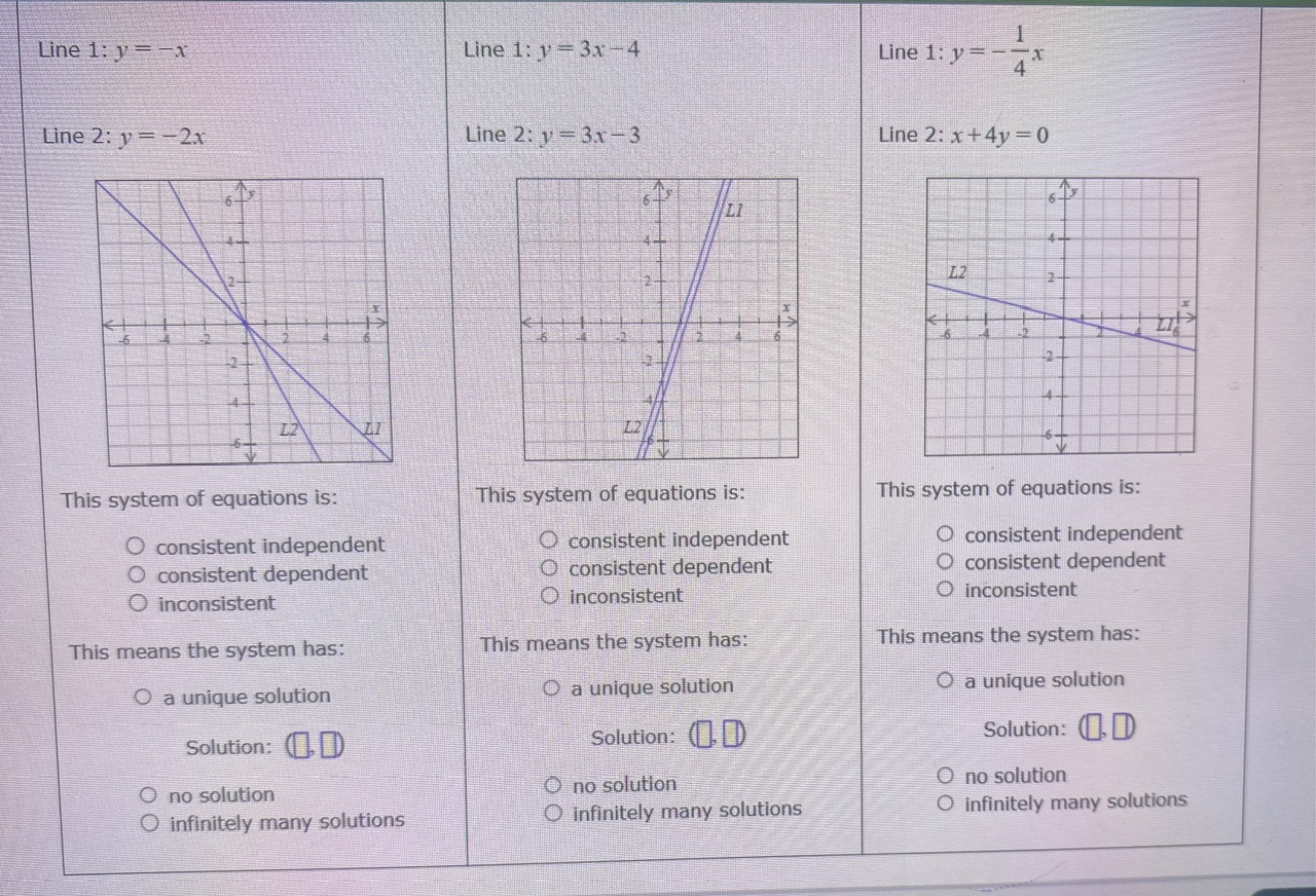 Solved ne 1:y=−x ine 2:y=−2x This system of equations is: | Chegg.com