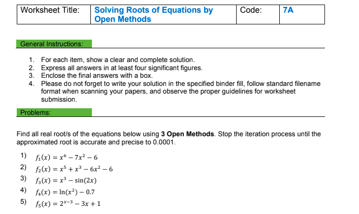 Solved Worksheet Title: Code: 7A Solving Roots of Equations | Chegg.com