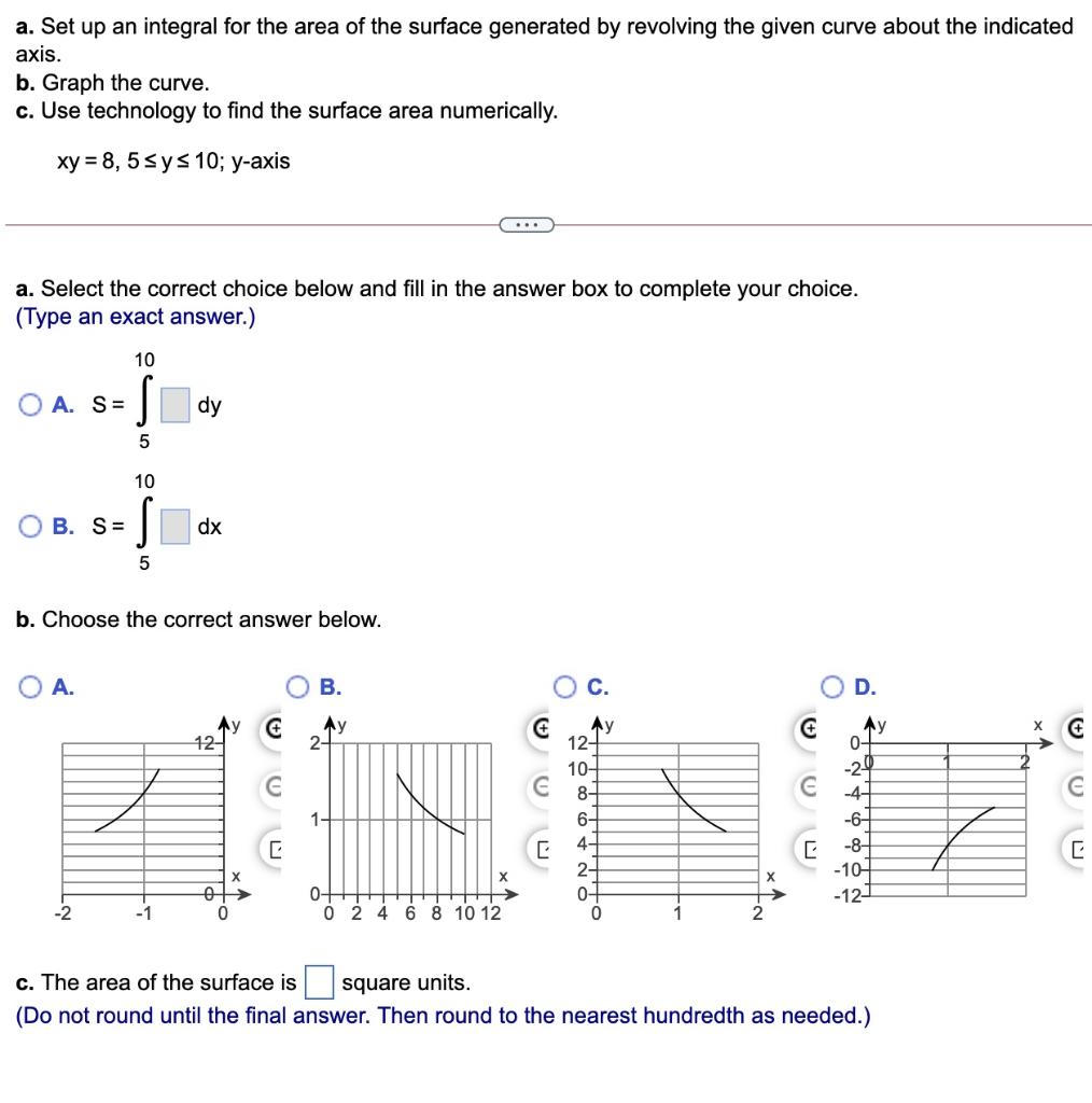 Solved a. Set up an integral for the area of the surface | Chegg.com