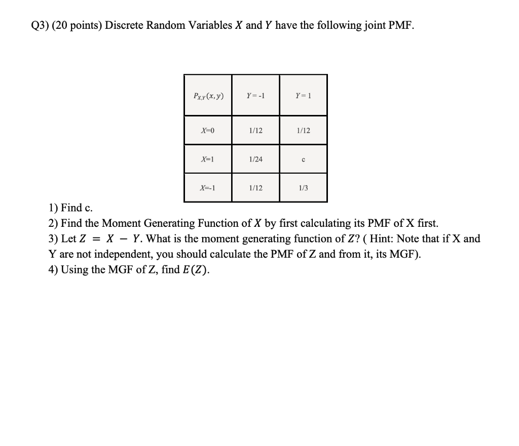 Solved Q3) (20 points) Discrete Random Variables X and Y | Chegg.com