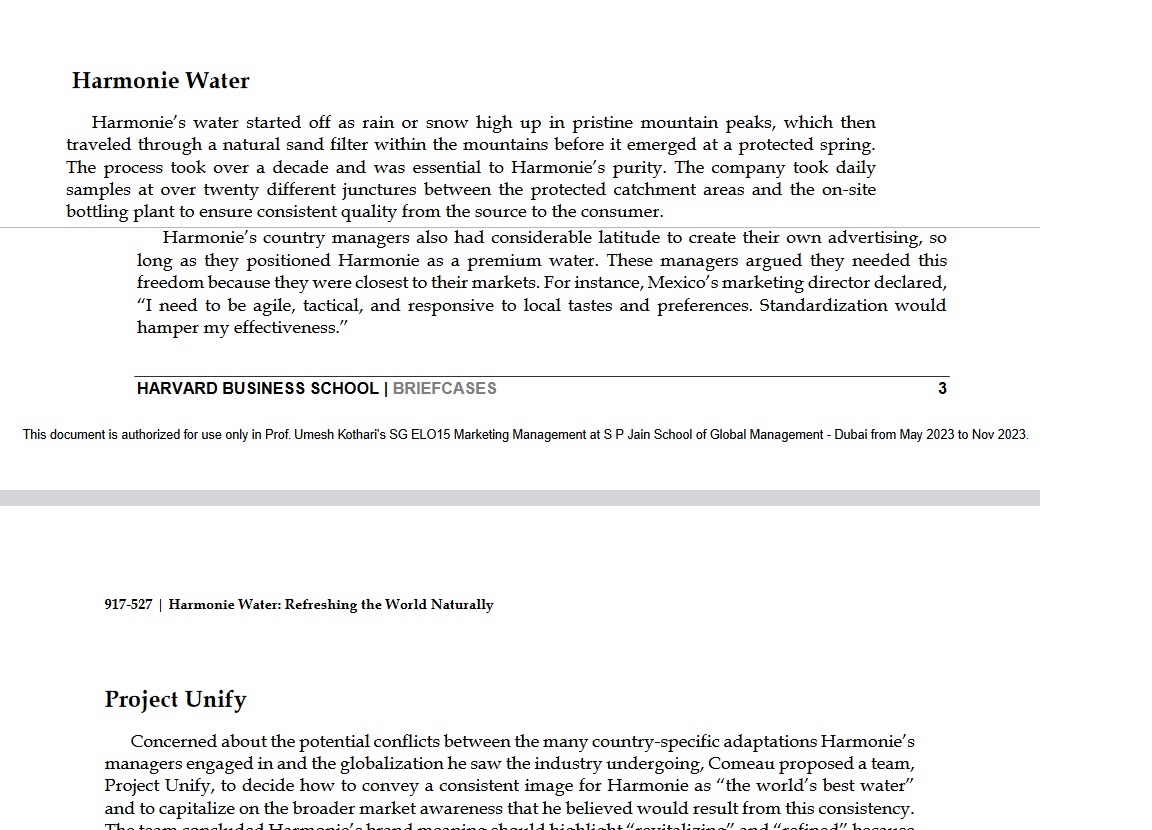 Solved Case Study 2 – Harmonie Water: Refreshing the World | Chegg.com