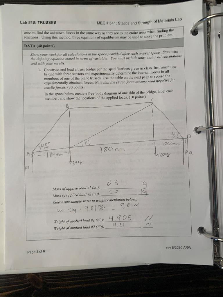 Solved Lab #10: TRUSSES MECH 341: Statics and Strength of | Chegg.com