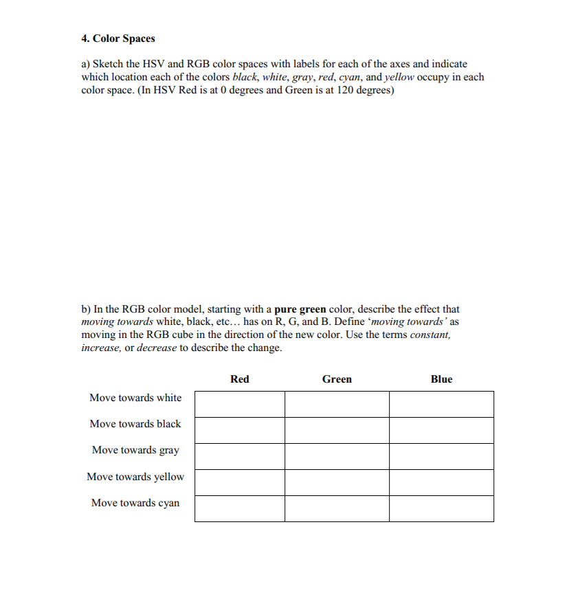 4. Color Spaces a) Sketch the HSV and RGB color | Chegg.com