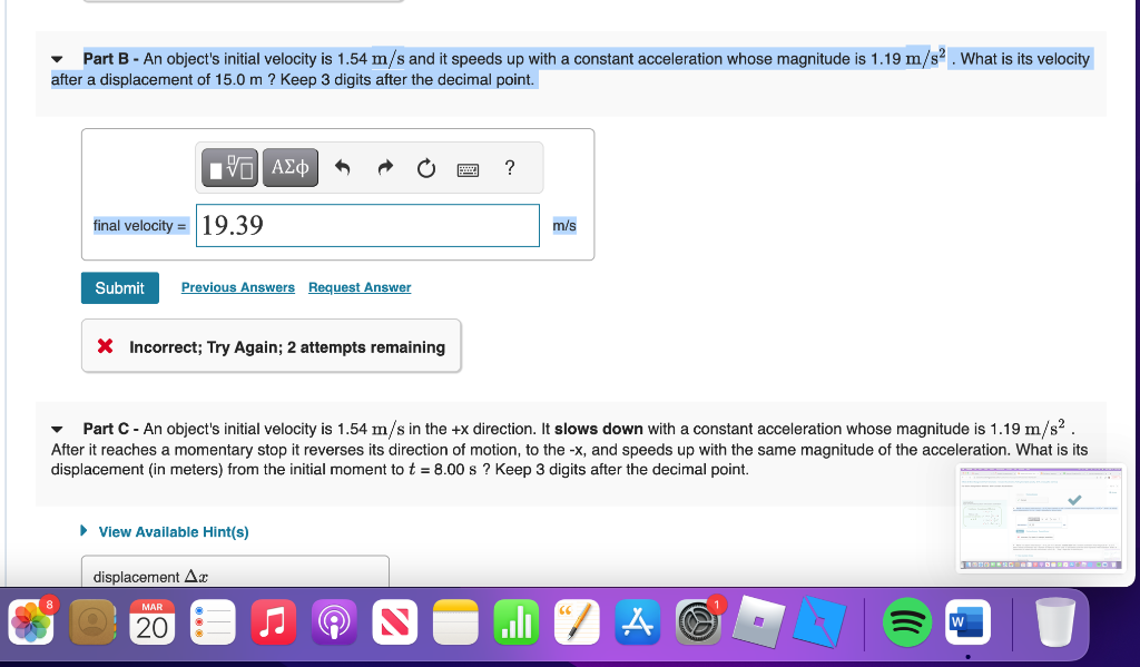 Solved Part B An Object S Initial Velocity Is 1 54 M S
