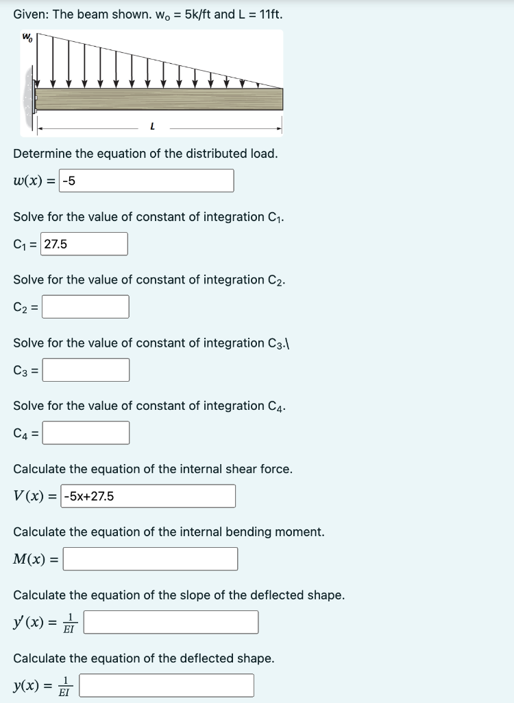 Solved Given: The beam shown. w0=5k/ft and L=11ft. Determine | Chegg.com
