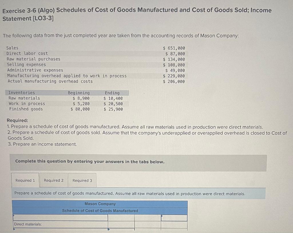 Solved Exercise 3-6 (Algo) Schedules of Cost of Goods | Chegg.com
