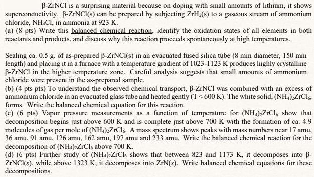 Solved β−ZrNCl is a surprising material because on doping | Chegg.com